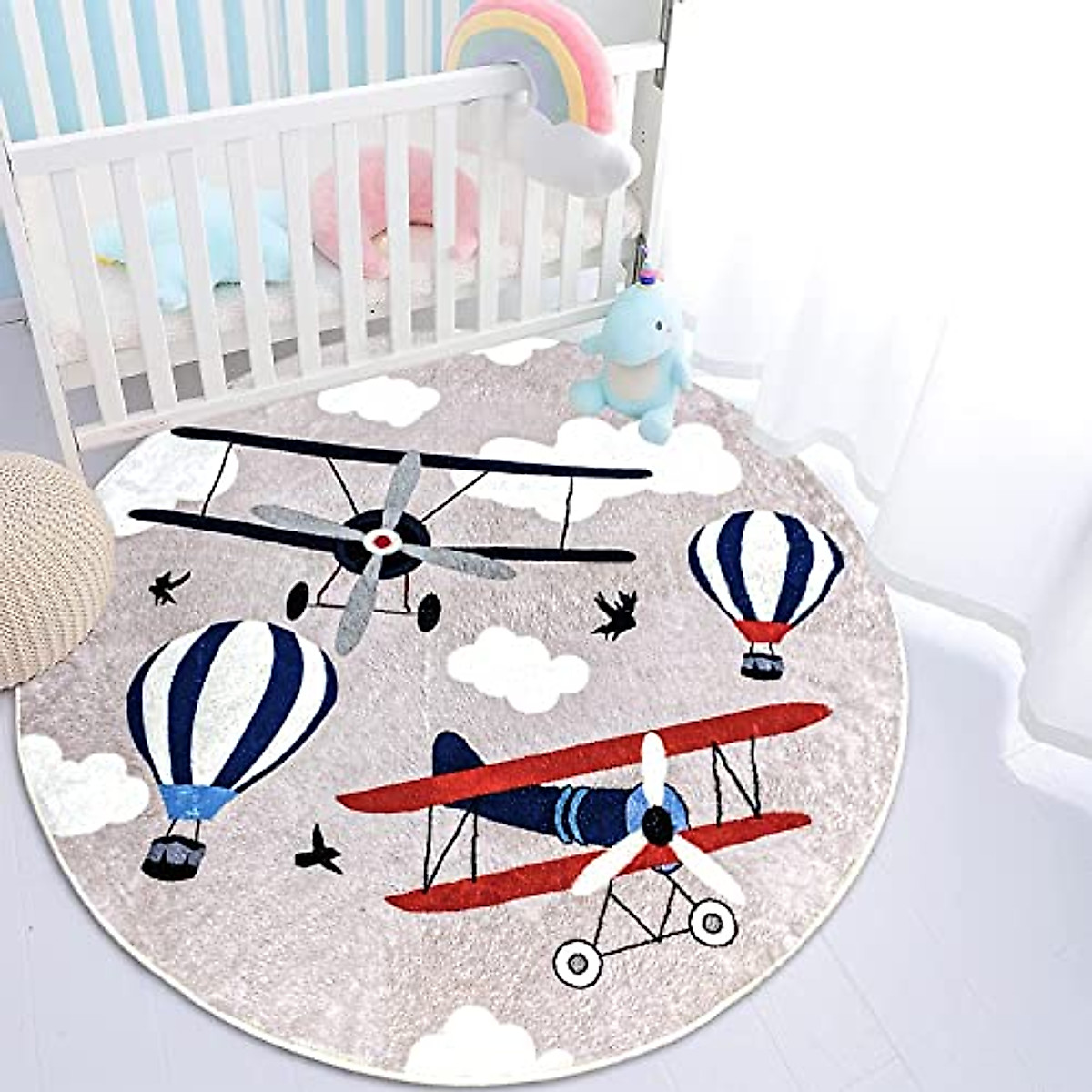 Round Rug 3.3ft, Large Cute Super Soft Aircraft Hot Air Balloon Carpet for Kids Room Playroom Nursery Bedroom Living Room, Non Slip Washable Circular Floor Mat Area Rug for Home Decorative (Grey)