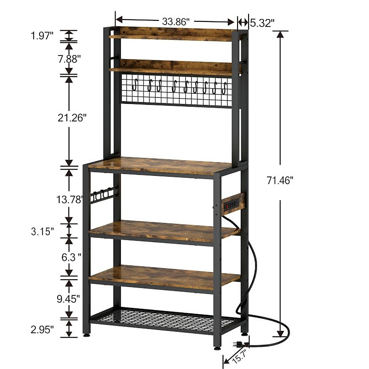 HHETOGOL Carbon Steel Bakers Racks for Kitchens with Storage, Bakers Rack with Power Outlet, Coffee Bar, Kitchen Storage Rack with 10 S-Hooks, Kitchen Shelves for Spices, HPJ01B
