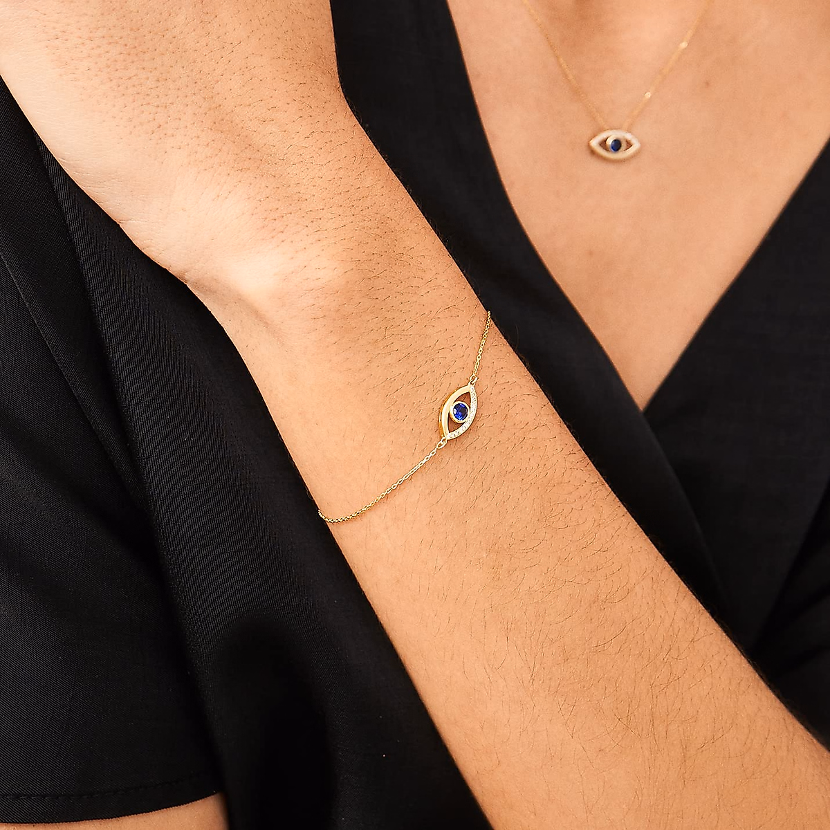 GELIN Diamond and Sapphire Evil Eye Bracelet | 14K Yellow Gold Evil Eye Bracelets for Women | Adjustable 6-7"