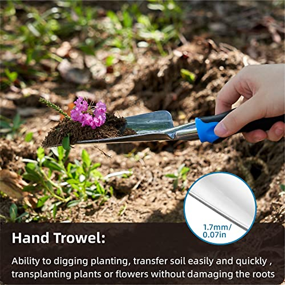 Sinoer Garden Tool Set, 3Piece Heavy Duty Cast-Aluminum Gardening Hand Tool Includes Hand Trowel, Transplant Trowel and Cultivator Hand Rake with Soft Rubberized Non-Slip Ergonomic Handle - Blue