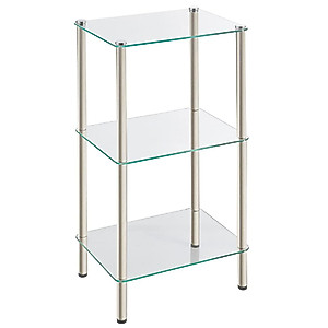 mDesign Metal/Glass 3-Tier Storage Tower, Narrow Shelving Display Unit, Open Glass Shelves; Multi-Use Stand for Living Room, Bathroom, Home Office, Hallway, Bedroom Organization - Satin/Clear