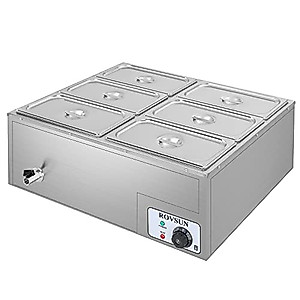 ROVSUN 42.3QT 1200W Electric Commercial Food Warmer, 6-Pan Steam Table 6.9 QT/Pan Stainless Steel Bain Marie Buffet Countertop with Temperature Control & Lid for Parties, Catering, Restaurants 110V