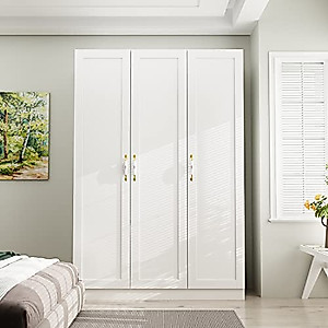 AIEGLE 3 Doors Wardrobe Armoire Closet, Large Freestanding Armoire Wardrobe Cabinet with Shelves & Hanging Rod, Bedroom Wood Clothes Storage Cabinet Organizer, White 47" Wide Type A