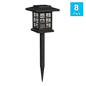 Flash Furniture DN-SL106-8-BK-GG 8 Pack Lantern Style LED Weather Resistant Outdoor Solar Powered Lights for Pathway, Garden, & Yard, Black