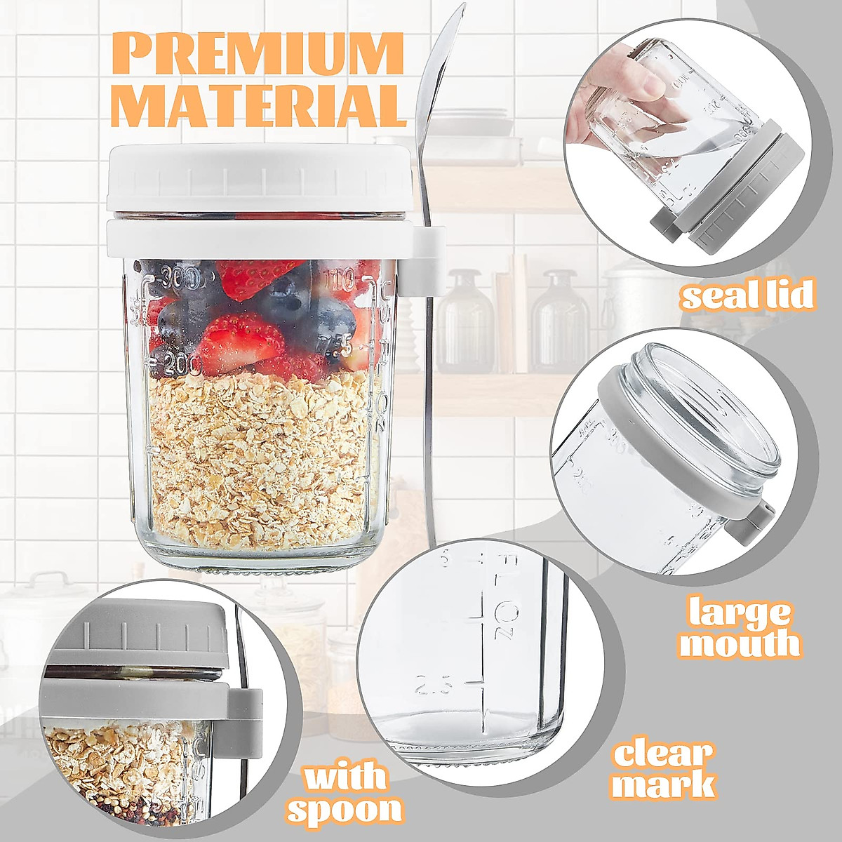 Kucoele Overnight Oats Jars with Lids and Spoons, 2 Pack 12 oz Glass Mason Jars Oatmeal Containers with Measurement Marks for Cereal, Milk, Vegetable and Fruit Salad (Grey+White)