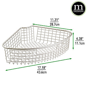 mDesign Farmhouse Metal Kitchen Cabinet Lazy Susan Storage Organizer Basket with Front Handle - Large Pie-Shaped 1/4 Wedge, 4.4" Deep Container - 4 Pack - Satin