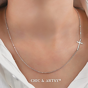 CHIC & ARTSY Cross Necklace for Women 925 Sterling Silver Sideways Cross Necklace Dainty Created Opal Cross Pendant Necklace Small Religious Necklace 16 to 18 Inches Adjustable