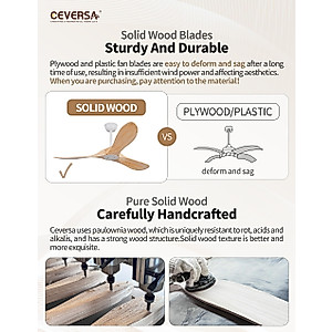 Ceversa 52 Inch Solid Wood Ceiling Fan No Light Remote Control,Outdoor Curved Real Wood Ceiling Fan Without Light 3 Blades Natural Wood Craftmade Quiet for Patio Farmhouse Living Room Bedroom Office