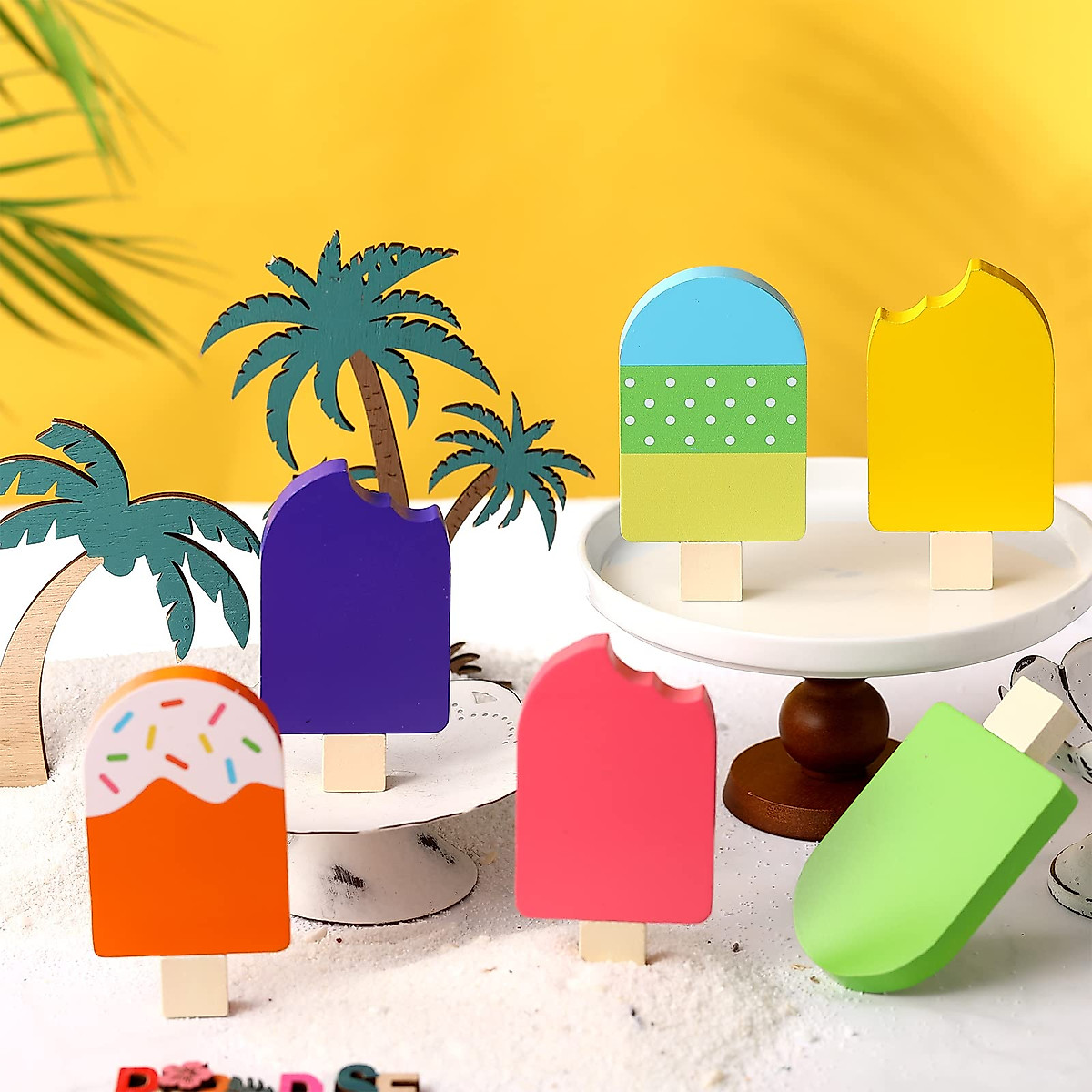 6 Pcs Summer Tiered Tray Decor Hawaii Ice Cream Tiered Tray Decor Summer Wooden Table Decorations Ice Cream Tray Decor Summer Table Signs for Kitchen Home Summer Party Home Supplies