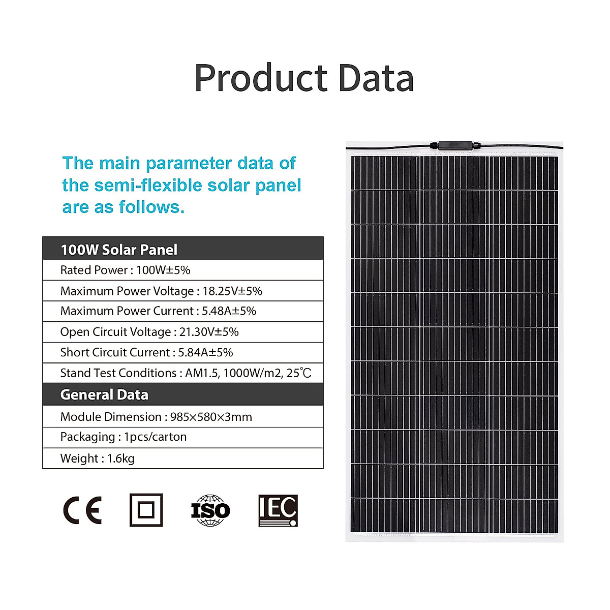 XDAY Flexible Solar Panel 100W 18V Monocrystalline Bendable Mono Off-Grid Charger for Marine RV Cabin Van Car Uneven Surfaces