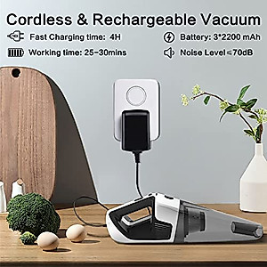 SEALON SY01 Cordless Handheld Vacuum, Hand held Vacuum Cleaner with LED Lights, Large Dirt Bowl, 4 Attachments,10000PA Strong Suction for Home & Car Use, Black