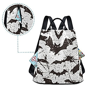 Vintage Bats Print Casual Backpack for Women, Fashion Anti Theft School Travel Backpack Purse 15 inch Full print Aesthetic with Fuzz Ball Key Chain Black