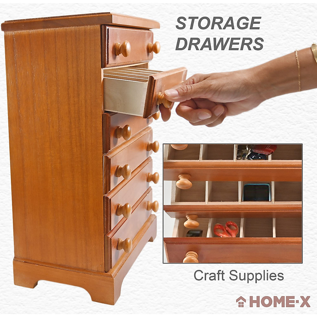 Home-X 6-Drawer Organizer for Sewing, Spools of Thread, Craft Supplies, Makeup, or Jewelry, Wood with Cherry Finish, 17" L x 6 ¾" W x 11 ¾" H