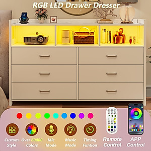 Alohappy 6 Drawer Dresser for Bedroom, LED Dresser Chest of Drawers with Power Outlets, Modern White Dresser for Bedroom, Living Room, Entryway, Hallway