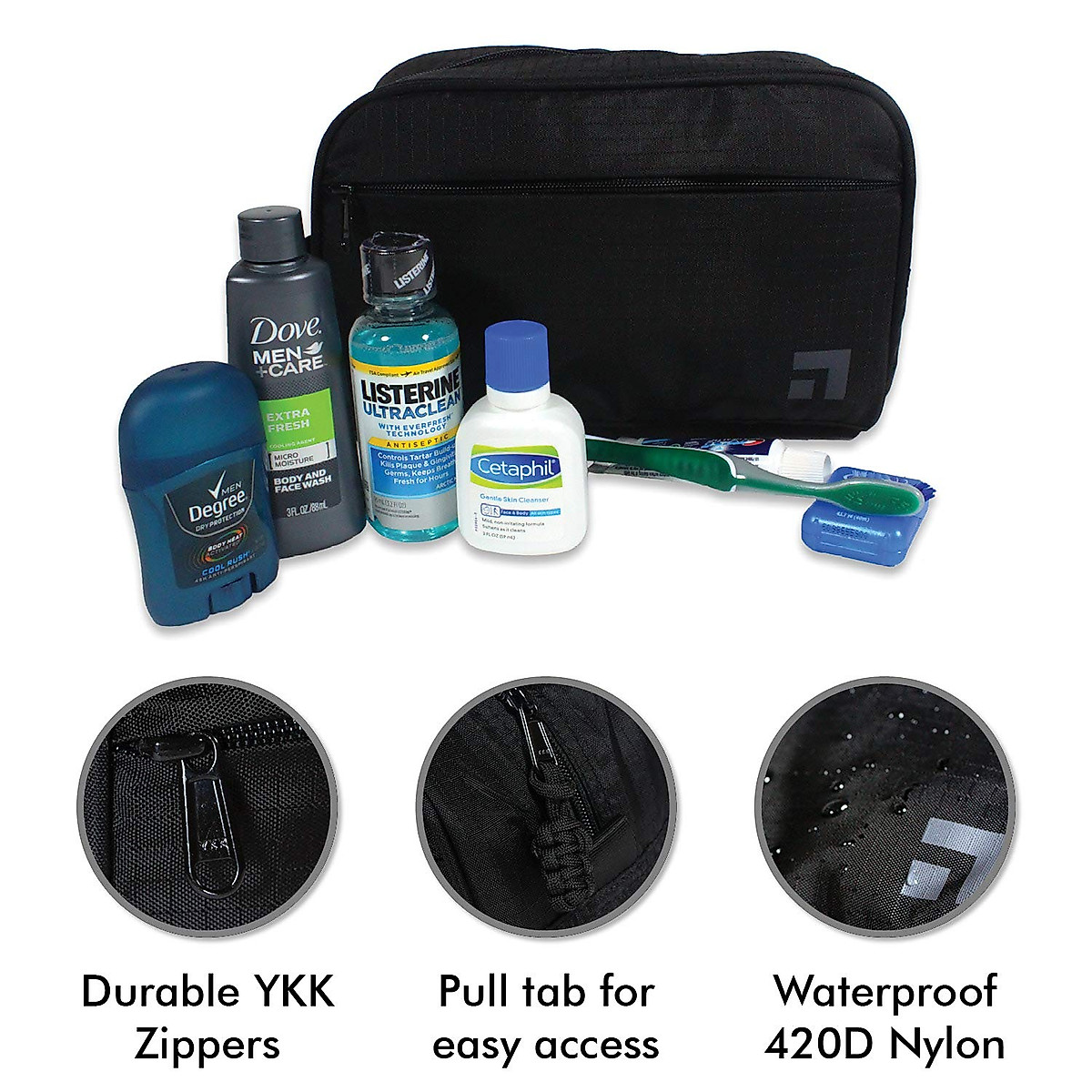 Slate Travel Waterproof Nylon Dopp Kit - Shaving Toiletry Bag Organizer (Black)