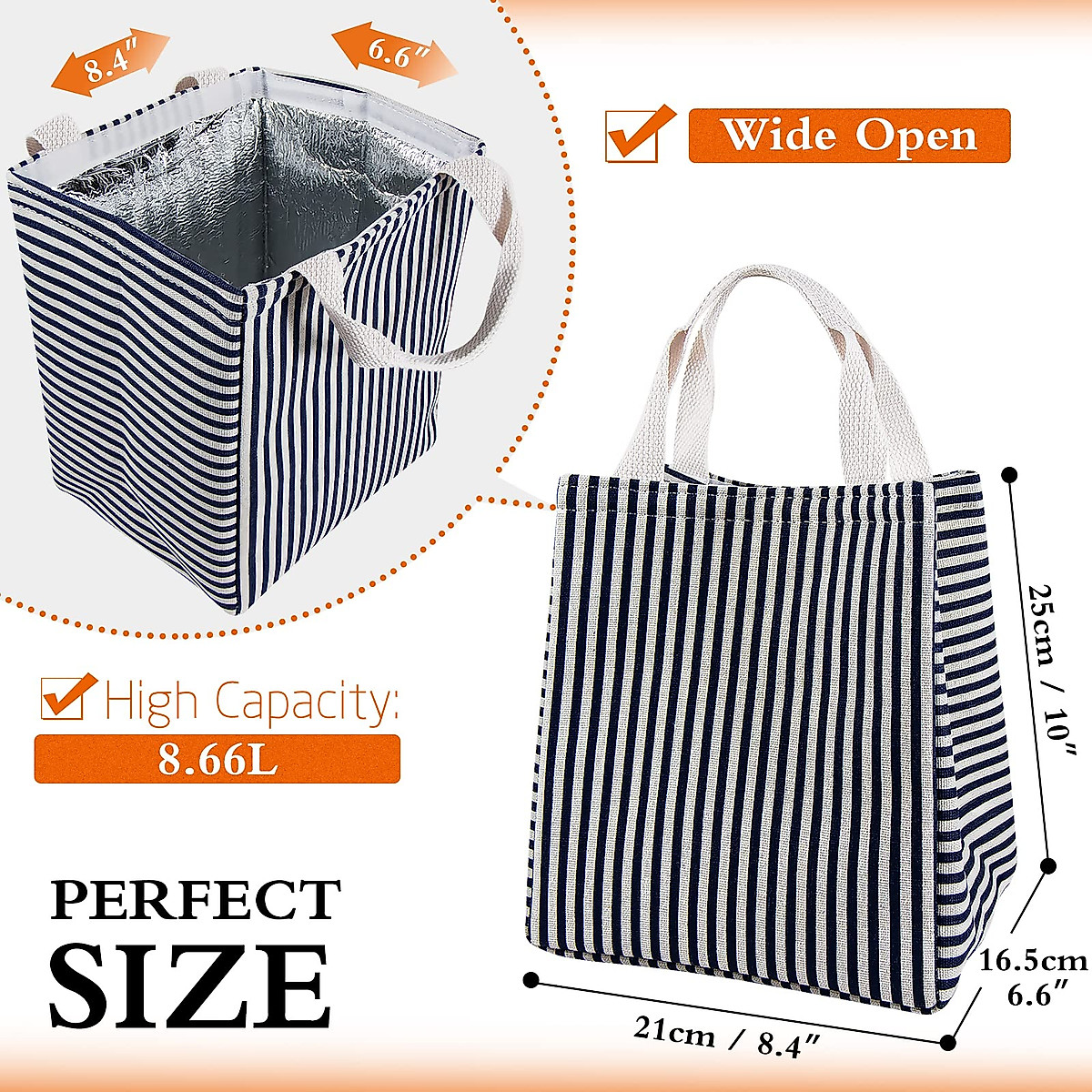 Daixers Lunch Bag Insulated Lunch Box for Women Men,Reusable Adult Lunch Tote Bags for Work or Travel (Striped Blue)