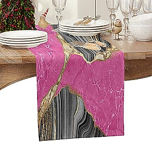 Pink Grey Marble Table Runner 36 Inches Long Farmhouse Dress Scarves, Modern Abstract Art Yellow Lines Dining Tablerunner for Coffee Table/Kitchen Island/Party Décor, Small 13" x 36"