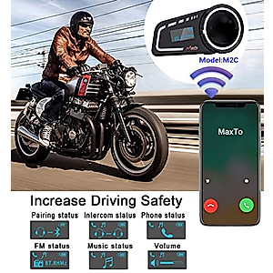 MAXTO Motorcycle Bluetooth Headset M2C 1000M 6 Riders Group Helmet Communication System with LCD Screen Universal Motorbike Intercom Waterproof Casco de Motor Intercomunicador FM/GPS/Siri(1 Pack)