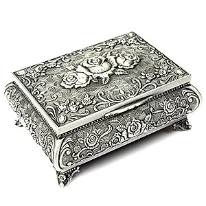 H&S Antique Metal Jewelry Box for Storage - Floral Vintage Jewelry Box for Necklaces & Rings - Silver Trinket Box with Authentic Treasure Chest Design for Women