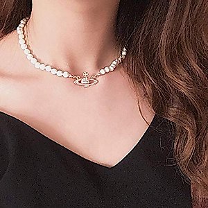 AOOF Diamond Artificial Planet Saturn Pearl Necklace Women's Jewelry, Fake Pearl Collar Pendant Necklace Men's Charming Girl Y2k Jewelry Women's Wedding Pearl Chain Crystal Necklace Rosegold