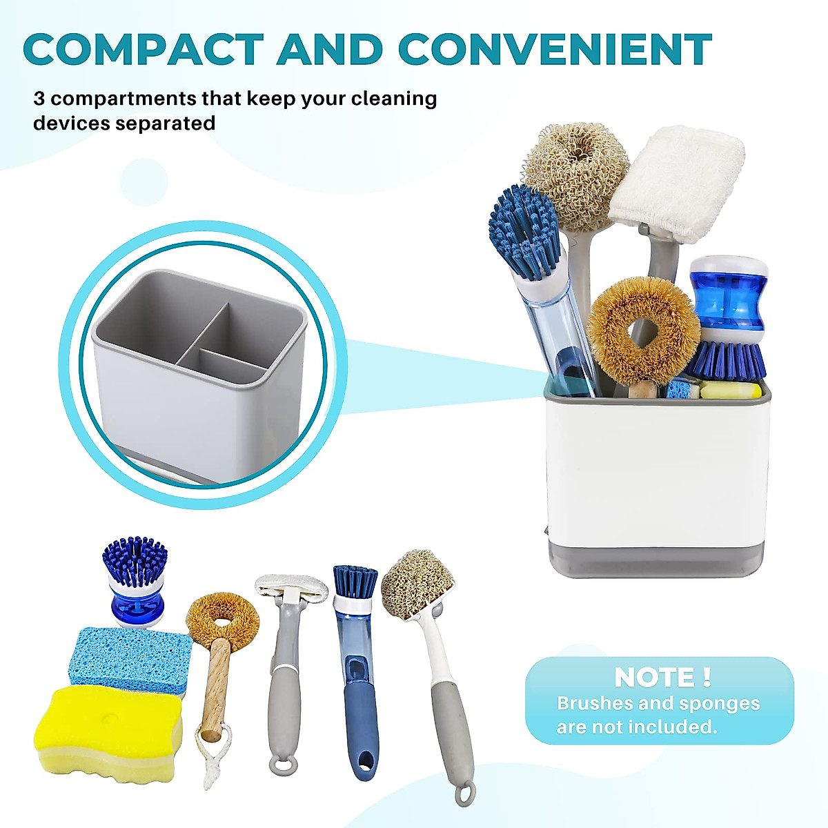 KeFanta Sink Counter Caddy, Dish Sponge Holder, Kitchen Sink Sponge and Brush Holder, Plastic Dish Scrubber Organizer with Drain Tray, White