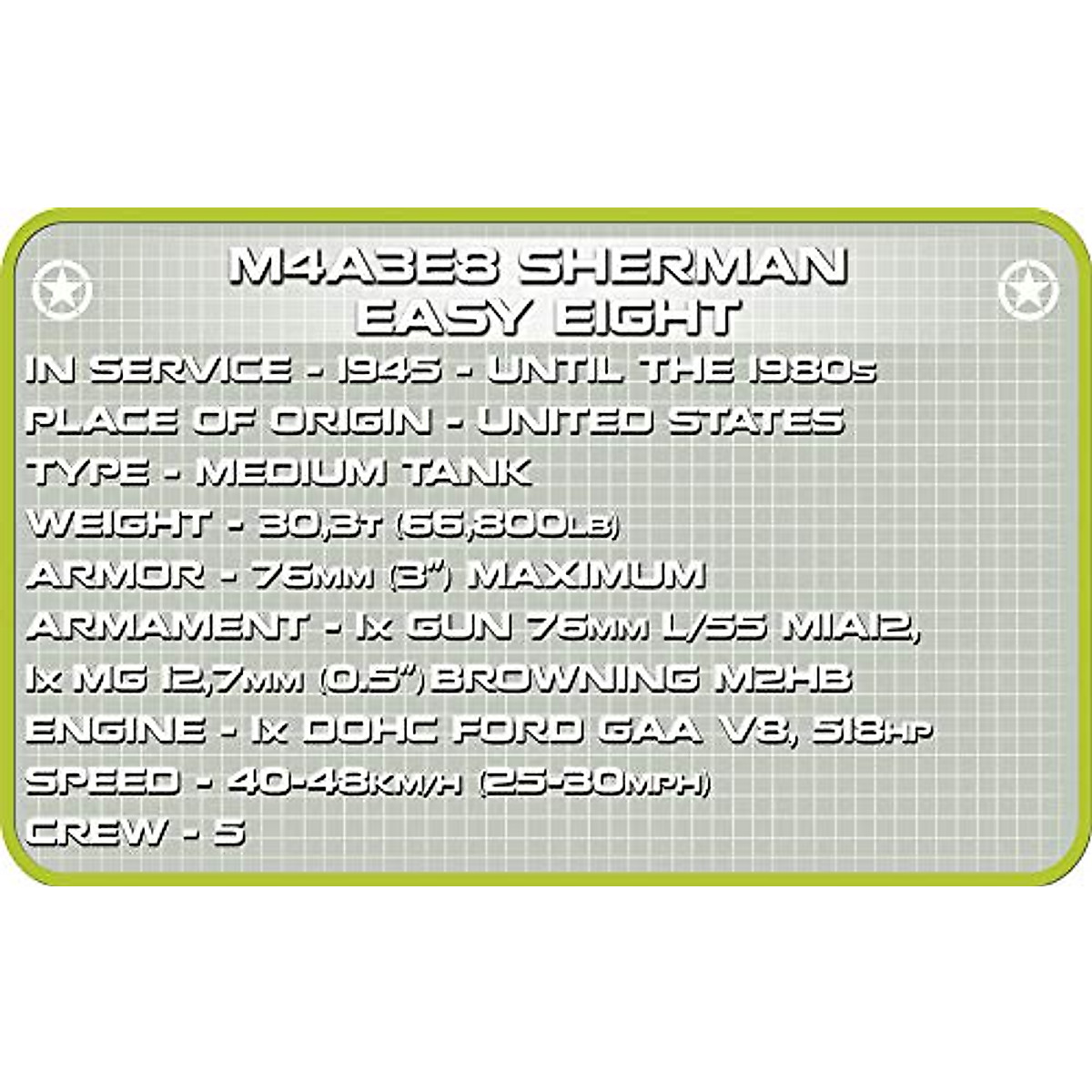 COBI Historical Collection M4A3E8 Sherman (Easy Eight) Tank, Army Green,316 pcs