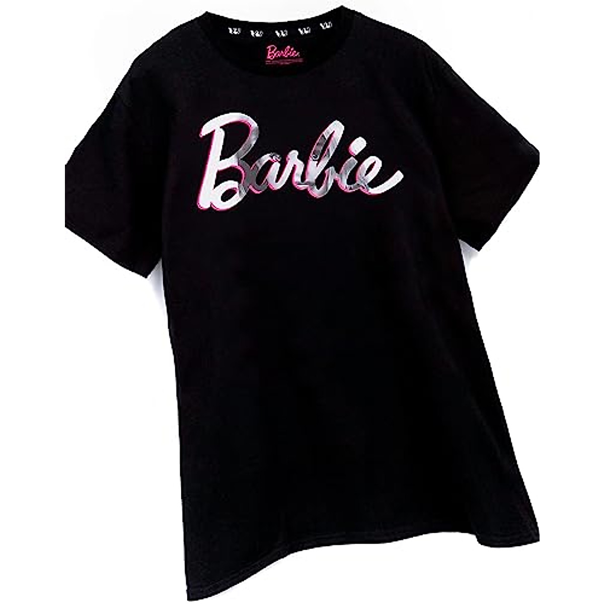 Barbie T-Shirt for Women | Ladies Doll Logo White Pink | Black Longline Relaxed Design Top Clothes Medium