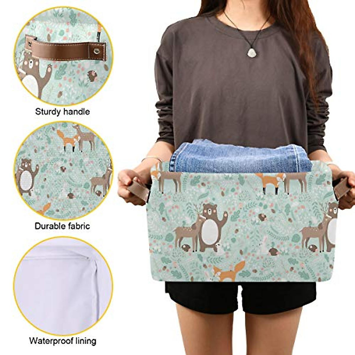 Storage Basket Cube Forest Animal Bear Fox Flower Large Collapsible Toys Storage Box Bin Laundry Organizer for Closet Shelf Nursery Kids Bedroom,15x11x9.5 in,1 Pack