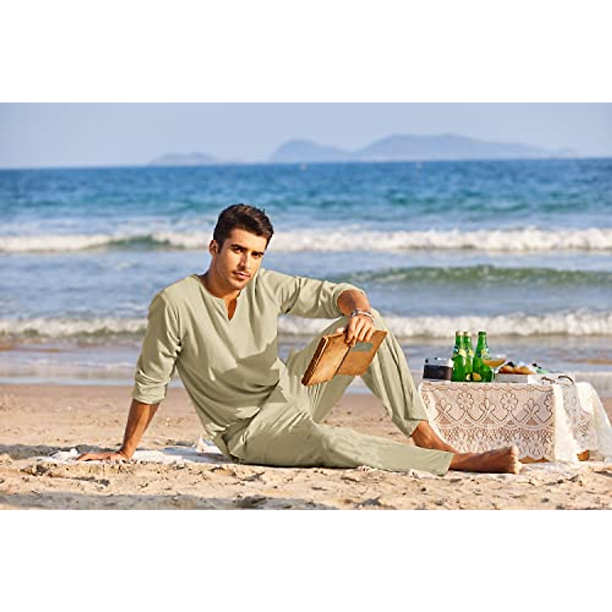 COOFANDY Men's 2 Pieces Cotton Linen Set Henley Shirt Long Sleeve and Casual Beach Pants Summer Yoga Outfits
