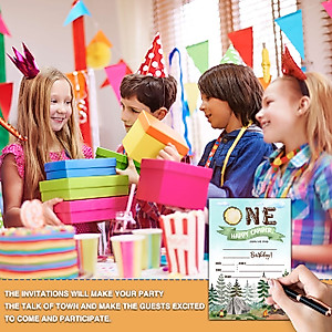 Chuxvon 1st Birthday Party Invitations, Happy Camper Birthday Invitation, Double-Sided Camp Themed Fill In Invites, Kids Camping Birthday Party Decorations, 20 Cards With 20 Envelopes(C08)