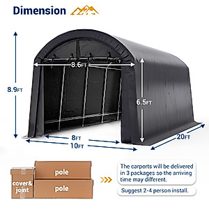 UDPATIO 10' x 20' Heavy Duty Carport, Round Style Portable Garage, Thick Shelter Storage Canopy Tent with All-Steel Metal Frame and Sunshade Waterproof Anti-Snow Carport for Car, Truck, SUV