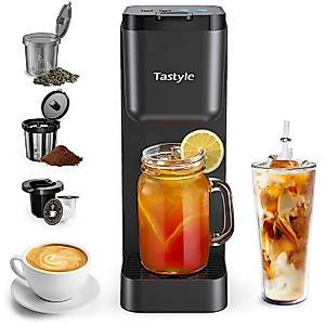 Tastyle Coffee and Tea Maker, 3 in 1 Single Serve Brewer for K Cup, Grounds & Tea, Hot and Iced Coffee Maker with 4 Brew Styles and 16oz Water Reservoir, Fits 7.3'' Travel Mugs, Black