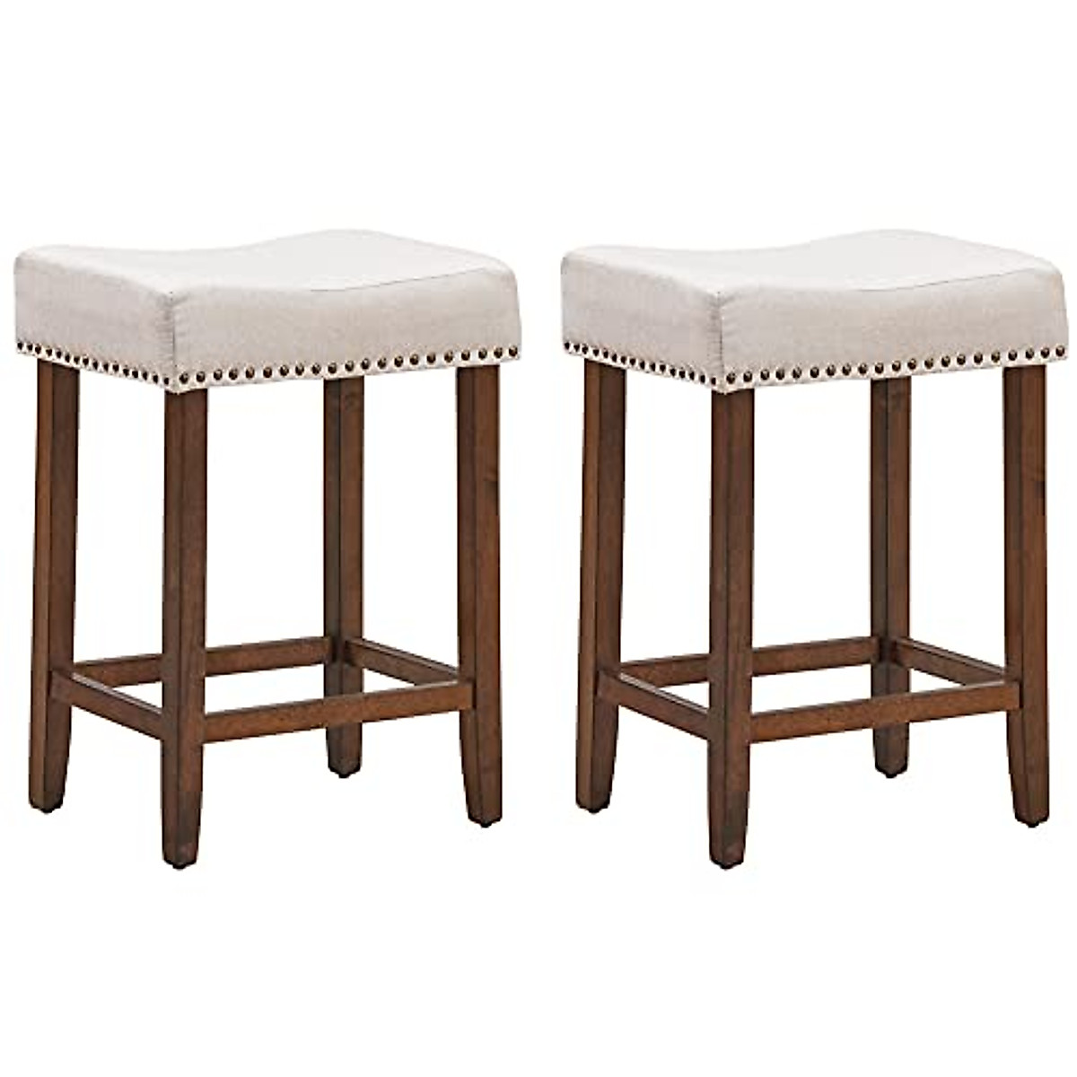 ERGOMASTER Counter Height Bar Stools Set of 2 Backless Fabric Barstools 24-Inch Modern Wood Saddle Bar Stools with Nailhead Trim for Kitchen Island Counter Tabel - Beige/Brown,2-Pack