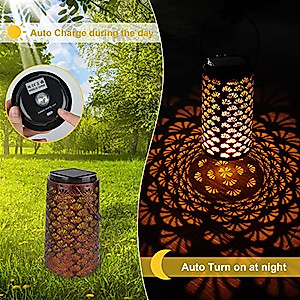 MZD8391 2 Pack Solar Lantern Lights Outdoor, Decorative Waterproof Garden Hanging Lights Metal LED Retro Lamp for Patio, Backyard, Deck, Garden, Porch, Pathway, Courtyard Balcony (Amber + White)
