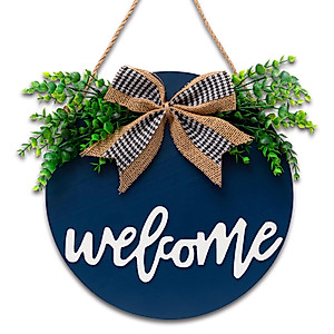 Welcome Sign For Front Door, Farmhouse Wall Decor Welcome Sign, 12" Wooden Welcome Home Decorations, Outdoor Welcome Signs For Porch, Wreaths For Front Porch Door Wall Hanging by Nidoot(Dark Blue)