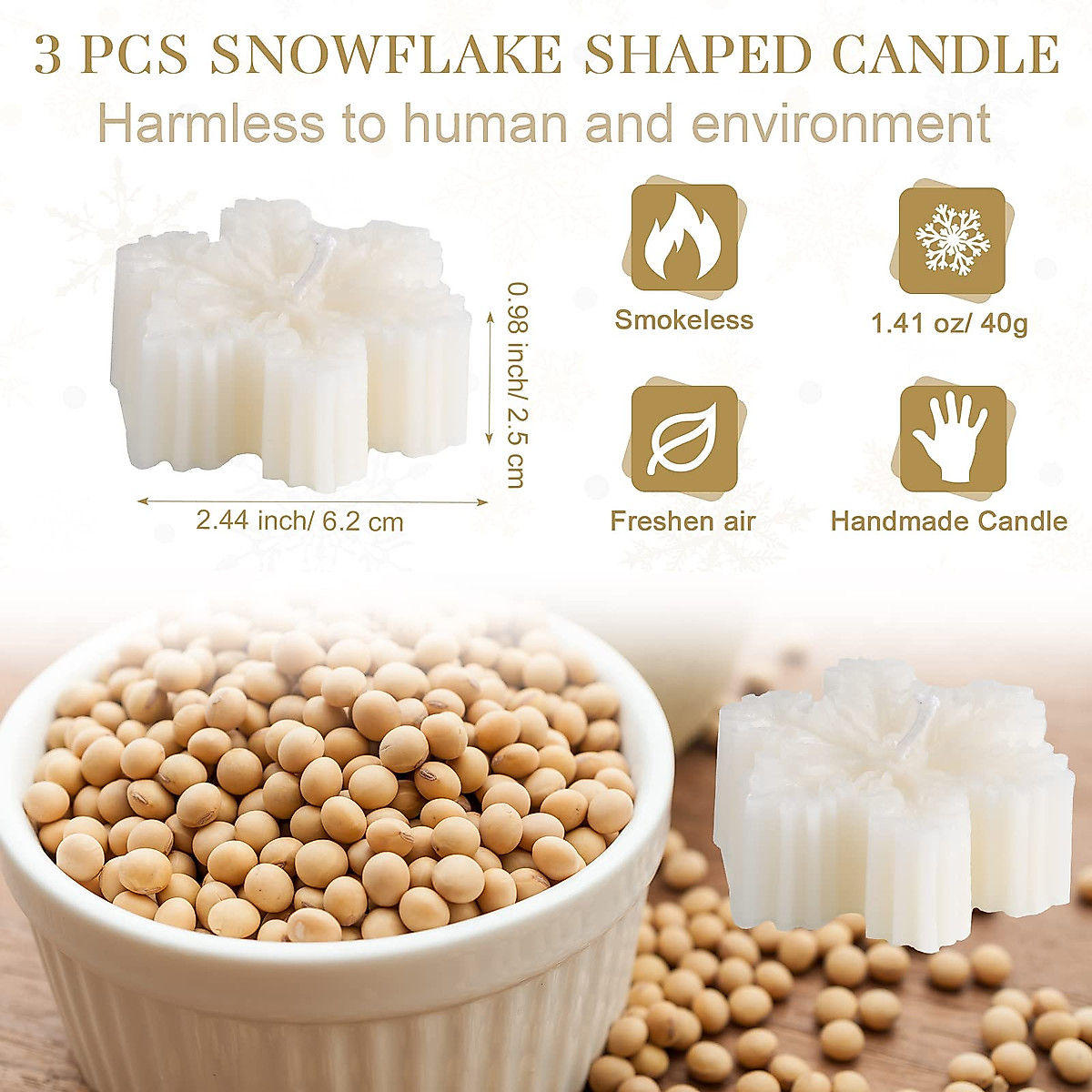 3 Pcs Christmas Snowflake Candles Winter Trendy Candles Snowflake Shaped Candle Soy Wax Aesthetic Candle Gifts for Christmas Home Birthday Wedding Party Decorations