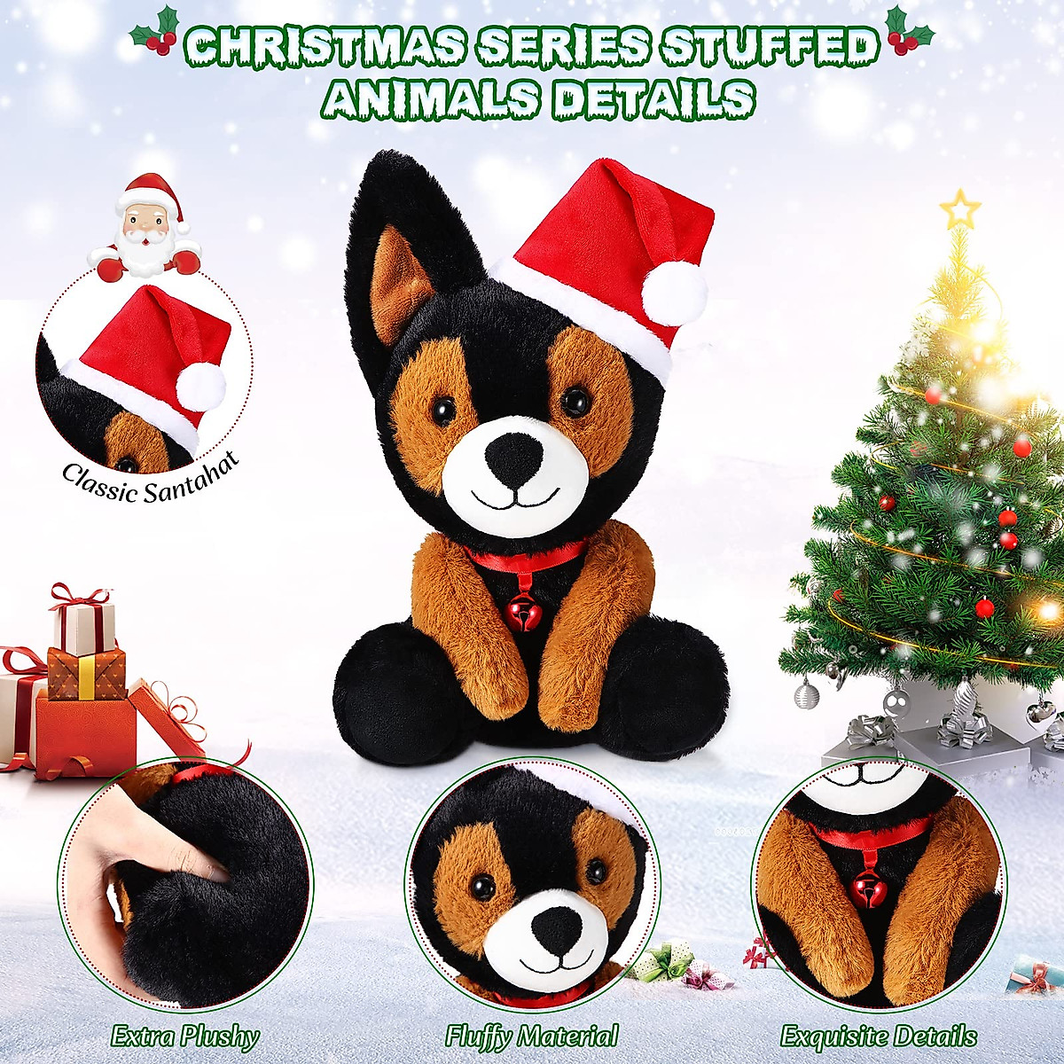 Threan 8 Inch Christmas Stuffed Animal Christmas Plush Doll with Santa Hat for Holiday Decoration Winter Gifts(Dog Style)