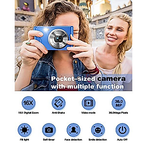 Digital Camera, Lecran FHD 1080P 36.0 Mega Pixels Vlogging Camera with 16X Digital Zoom, LCD Screen, Compact Portable Mini Cameras for Students, Teens, Kids (Blue)