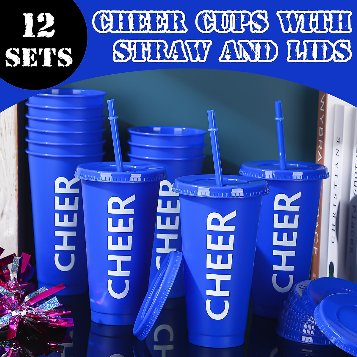 Layhit Cheer Teams Gifts Cheer Tumbler Cups Bulk 24 oz Reusable Cheer Plastic Tumbler with Straw and Lid Cheer Water Bottles for Team(Blue,12 Sets)