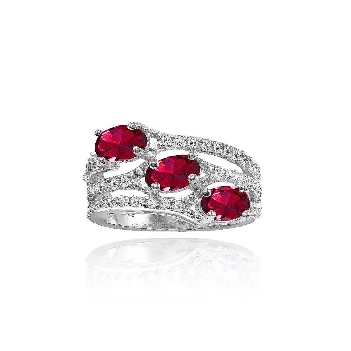 Ice Gems Sterling Silver Created Ruby and White Topaz Oval Three Stone Ring, Size 9