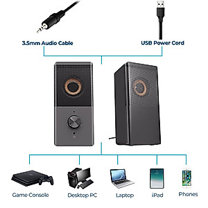 ROSON Computer Speaker, Compact Size Speaker with Headphone Jack, Enhanced Bass and Volume Control, Stereo 2.0 USB Powered 3.5mm Aux Multimedia Speakers for Laptop/Desktop/Tablets/Phone