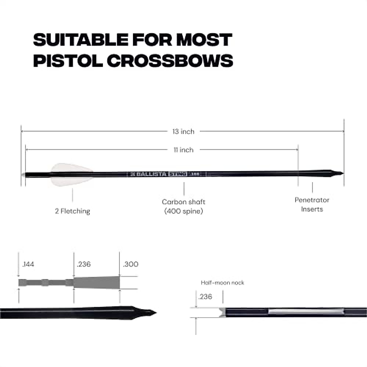 BALLISTA Sting Mini Crossbow Bolts Carbon Arrows with Field Tips, Half-Moon Nocks, Penetrator Inserts for Hunting Broadheads OD 6.0mm (Pack of 6) (13")