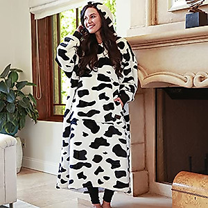 Catalonia Cow Print Full Body Blanket Hoodie Sweatshirt, Extra Long Oversized Comfortable Sherpa Lounging Pullover for Adults, Gift for Her