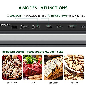 Cromify Vacuum Sealer Machine, Fully Automatic Food Vacuum Sealer Machine, Up To 100 Consecutive Seals, 8-in-1 Presets Starter Kit, Detachable Easy to Clean, Dry & Moist Food Modes Compact Design Black