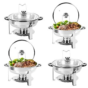 IMACONE Chafing Dish Buffet Set of 4, 5QT Round Stainless Steel Chafer for Catering, Upgraded Chafers and Buffet Warmer Sets with Glass Lid & Holder, Frame, Fuel Holder for Event Party Wedding Holida