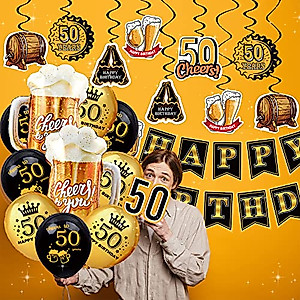 50th birthday decorations for men women - (60pcs) black gold party Banner, 40 Inch Gold Balloons,50th Sign Latex Balloon,Fringe Curtains and cheers to you Foil Balloons,Hanging Swirl,photo props