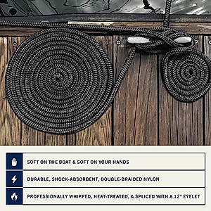 Rainier Supply Co. 2-Pack Boat Dock Lines - 15 ft x 3/8 inch Boat Rope - Premium Double Braided Nylon Dock Rope - Mooring Lines with 12" Eyelet - Black