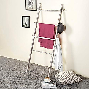 MyGift 5 Ft Tall White Washed Solid Wood Wall Leaning Blanket Ladder, Farmhouse Bathroom Towel Rack 4 Rungs and 6 Pegged Hooks