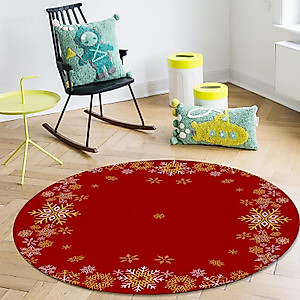 Christmas Snowflake Area Rug Carpet for Kids Teen Girls Boys Bedroom, Living Room, Washable Outdoor Indoor Accent Throw Runner Floor Mat Area+Rug Red Golden Xmas Holiday 3FT(Round)