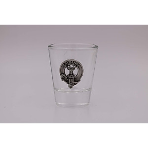 Clan Crest Shot Glass Gordon, 1.5 ounce Whiskey shot glass with 3/4 inch pewter clan crest